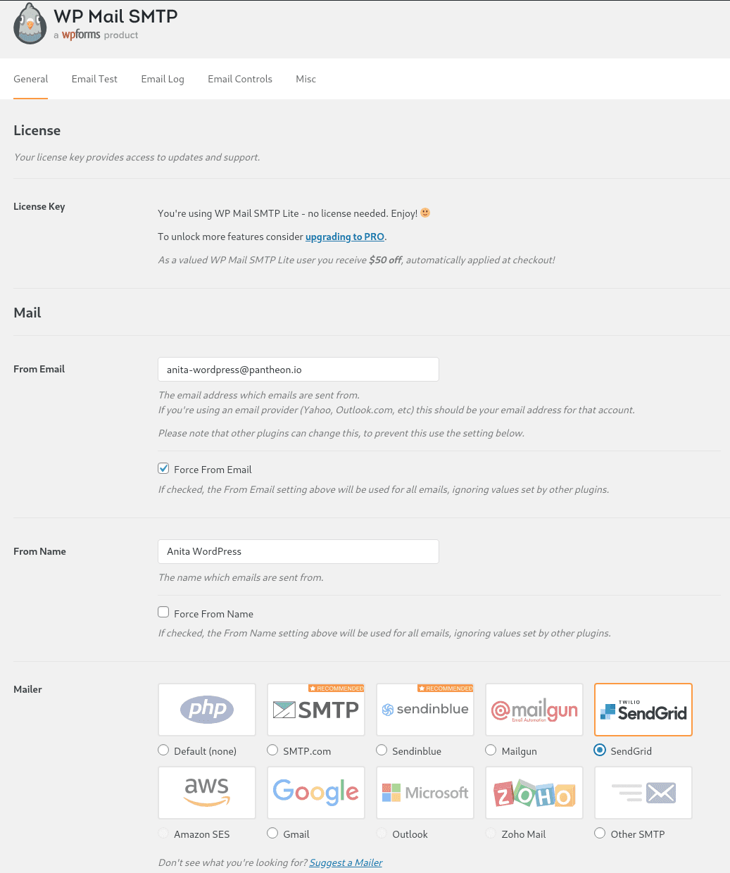 Use WP Mail SMTP to Send Email with SendGrid | WordPress Configurations Guide | Pantheon Docs